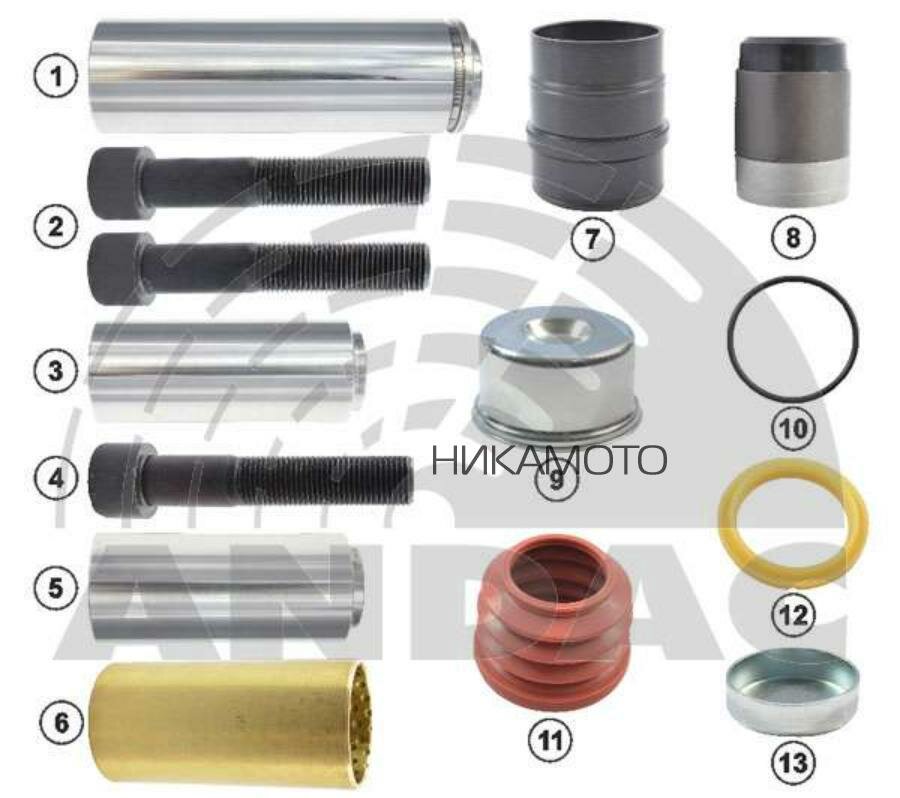 ANDAC 081010197 Ремкомплект суппорта 3направляющие+3винта+втулка(м)+втулка(р)+втулка(рм)+колпачок(м)+2кольца(р)+пыльник+заглушка(м)(KNORR SB6/SB7)