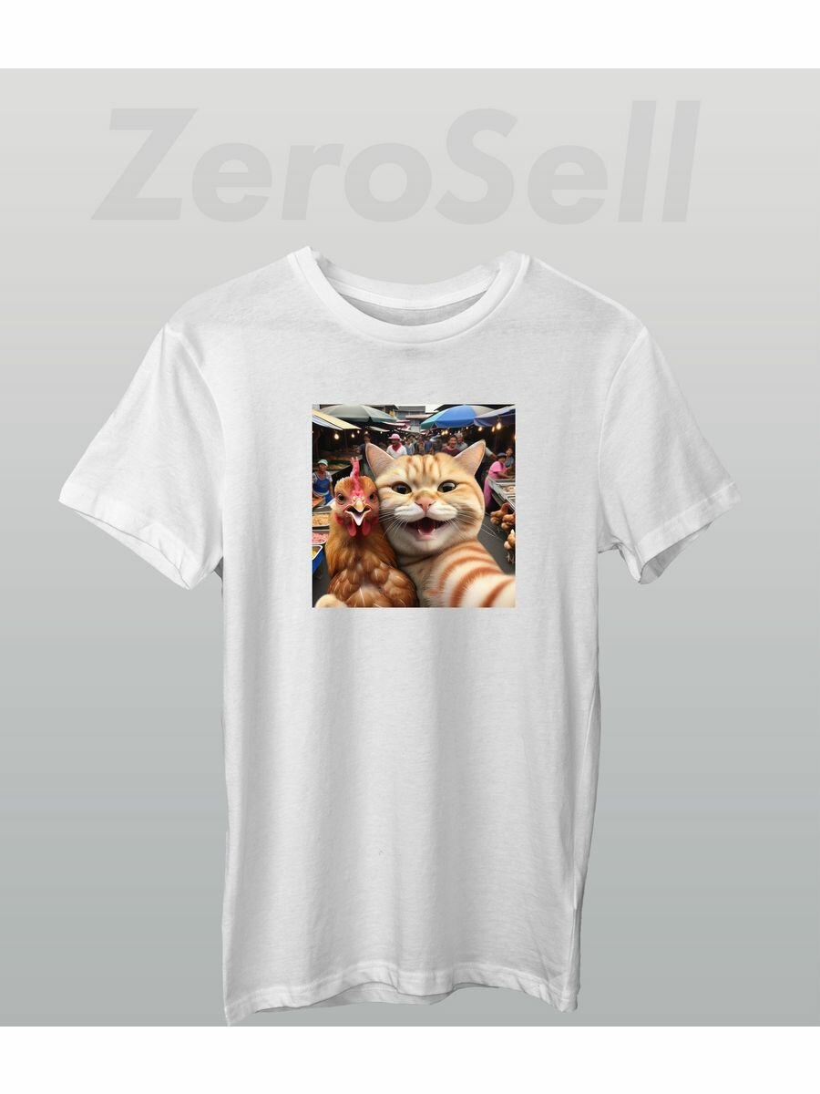 Футболка селфи кот с курицей