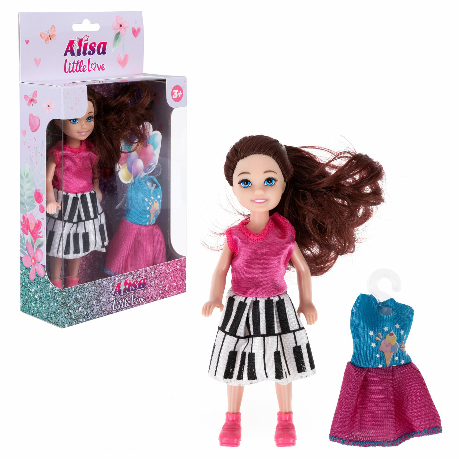 Кукла детская Алиса фэшн 1TOY брюнетка с длинными волосами, с одеждой, маленькая, игрушка, подарок для девочки, 14,4 см