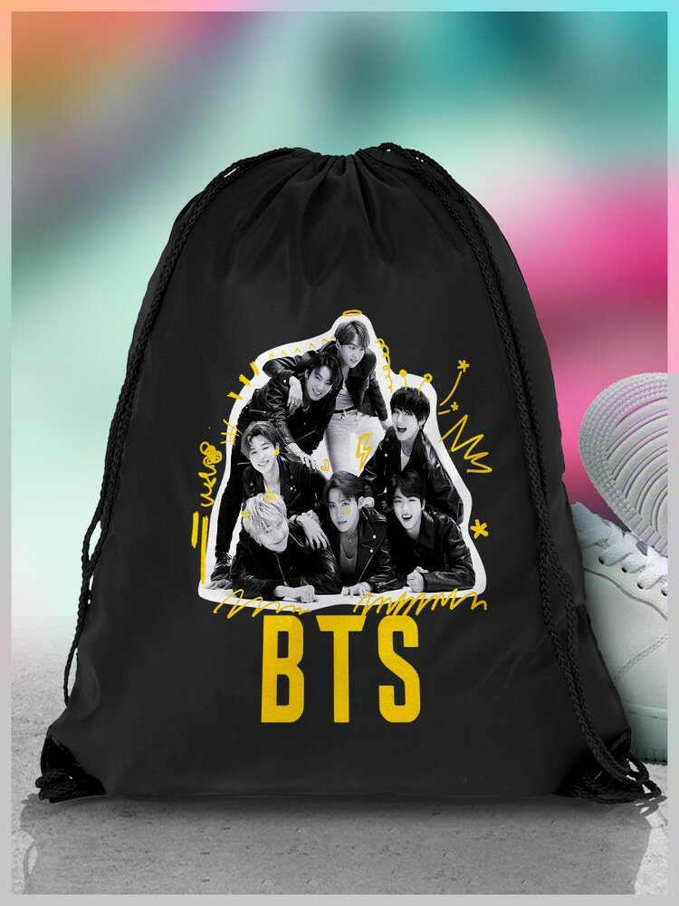 Мешок для сменной обуви ДТФ черный музыка BTS (БТС, Корея, к-поп, k-pop, V, Шуга, RM, Чимин) - 2095