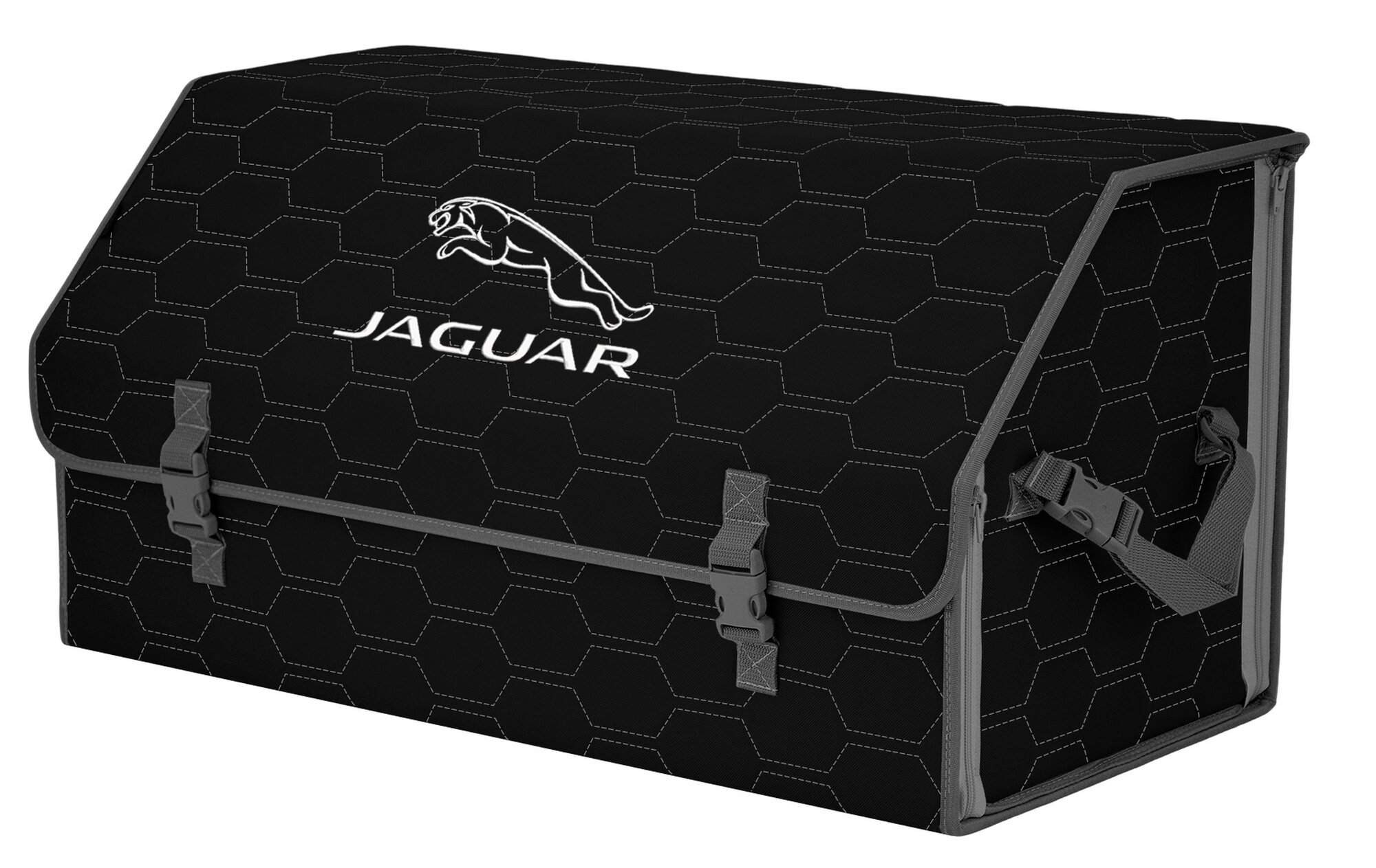 Органайзер-саквояж "Союз" в багажник Jaguar (Ягуар), размер XL Plus. Цвет: черный с серой прострочкой Соты.