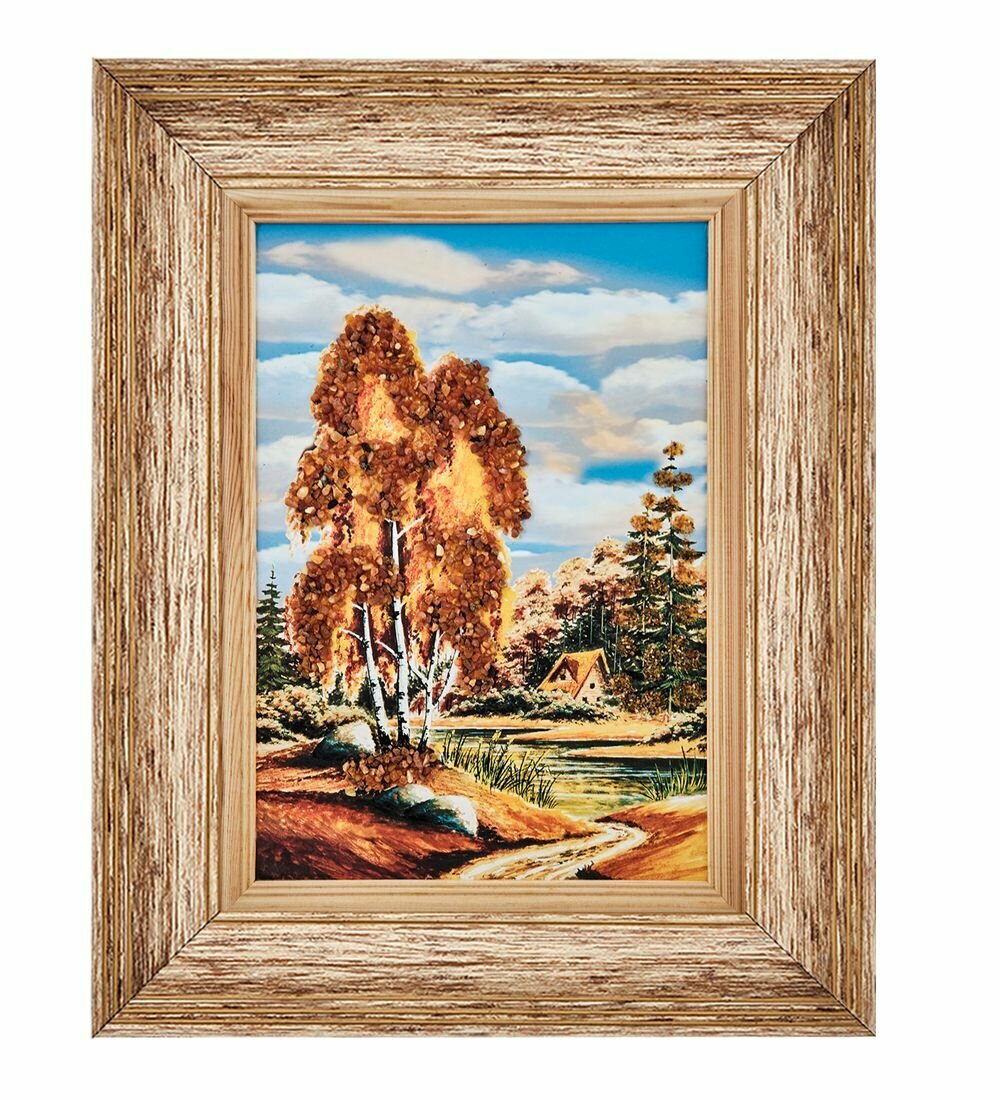 Картина 'Дом у реки' (с янтарной крошкой) пласт. рамка 33х42см