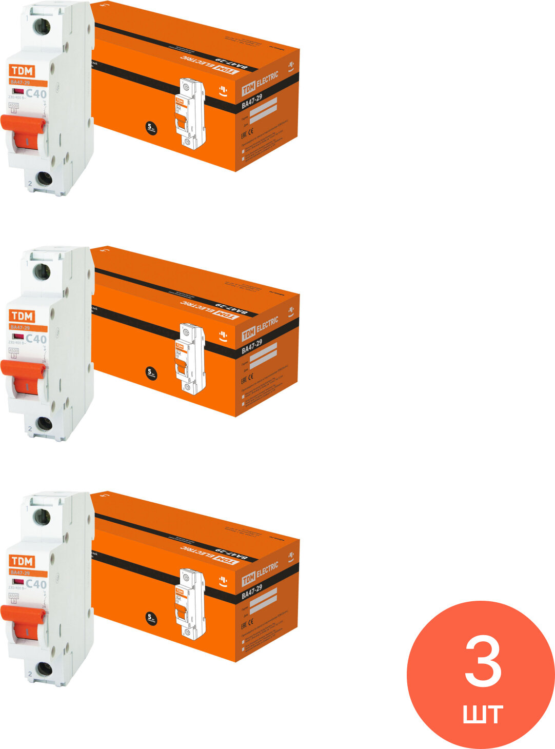 Автоматический выключатель TDM Electric / ТДМ Электрик ВА47-29 1Р 40А характеристика С 4.5кА, SQ0206-0078 / электроавтомат (комплект из 3 шт)