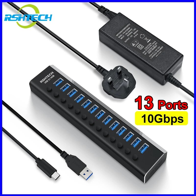 Разветвитель RSHTECH для ноутбука, 10 Гбит/с, 13 портов USB 3,2 Gen 2, 12 В/6 А