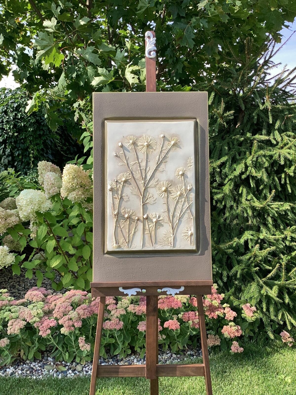 Гипсовое панно, ботанический барельеф, картина "Акварельные лепестки", ручной работы, 71.5x44x2 см