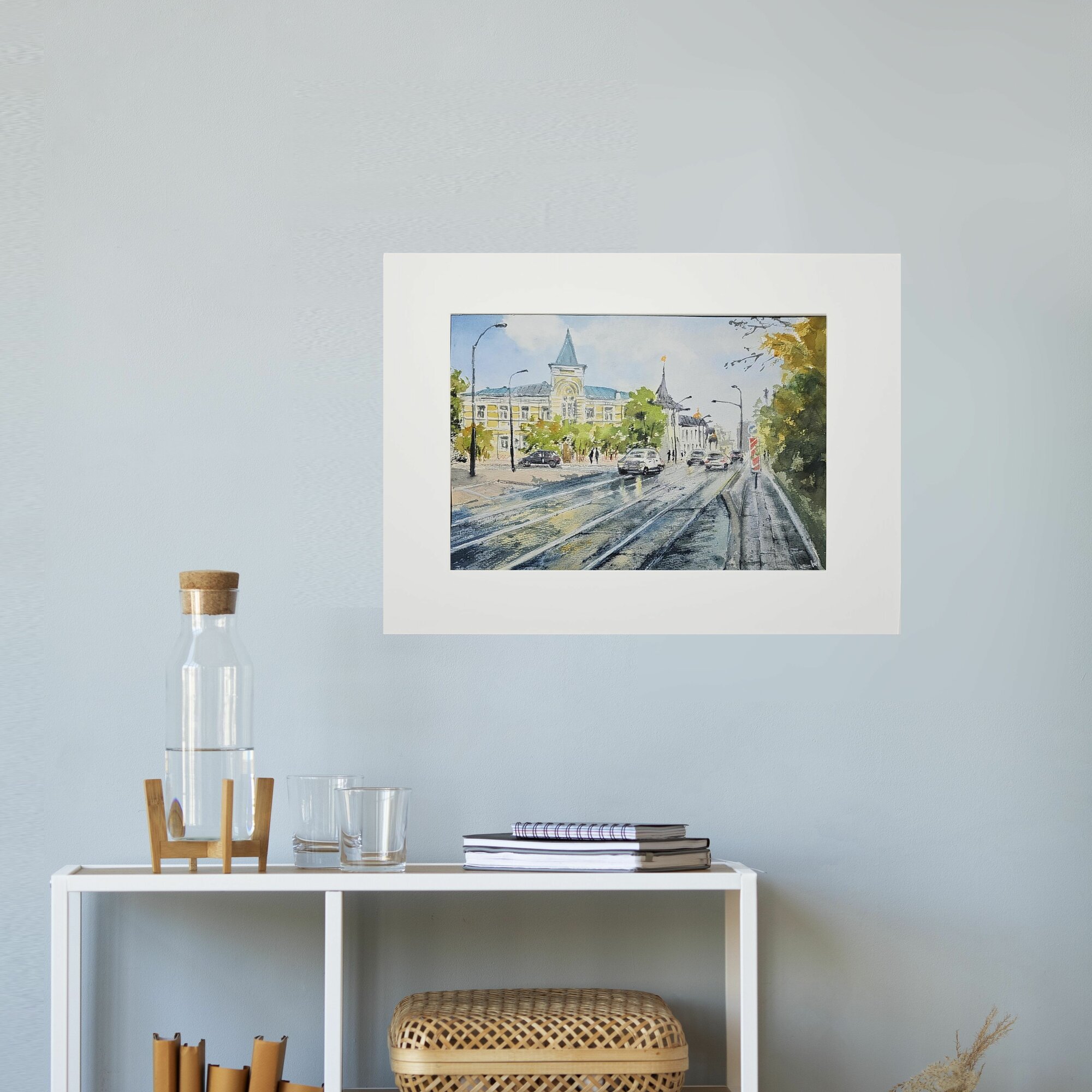 Картина авторская акварельная в паспарту 30х40 см на стену для интерьера "Осень на Даниловском валу"