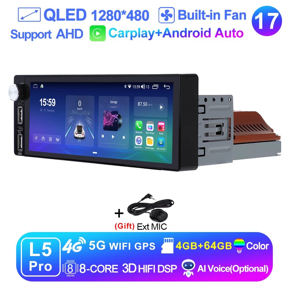 LEHX L6Pro 1 Din 6,9-дюймовый автомобильный Android-радио Мультимедиа Беспроводной Carplay авторадио Стерео GPS 1din dvd 4G LTE Сенсорный экран L5Pro(4-64GB)-0