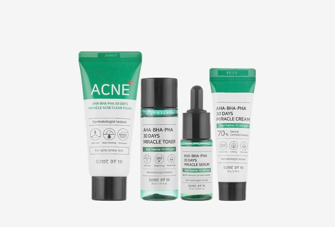 Набор: очищающий тонер, сыворотка, крем для лица, очищающая пенка для умывания SOME BY MI AHA·BHA·PHA 30 DAYS MIRACLE AC SOS KIT