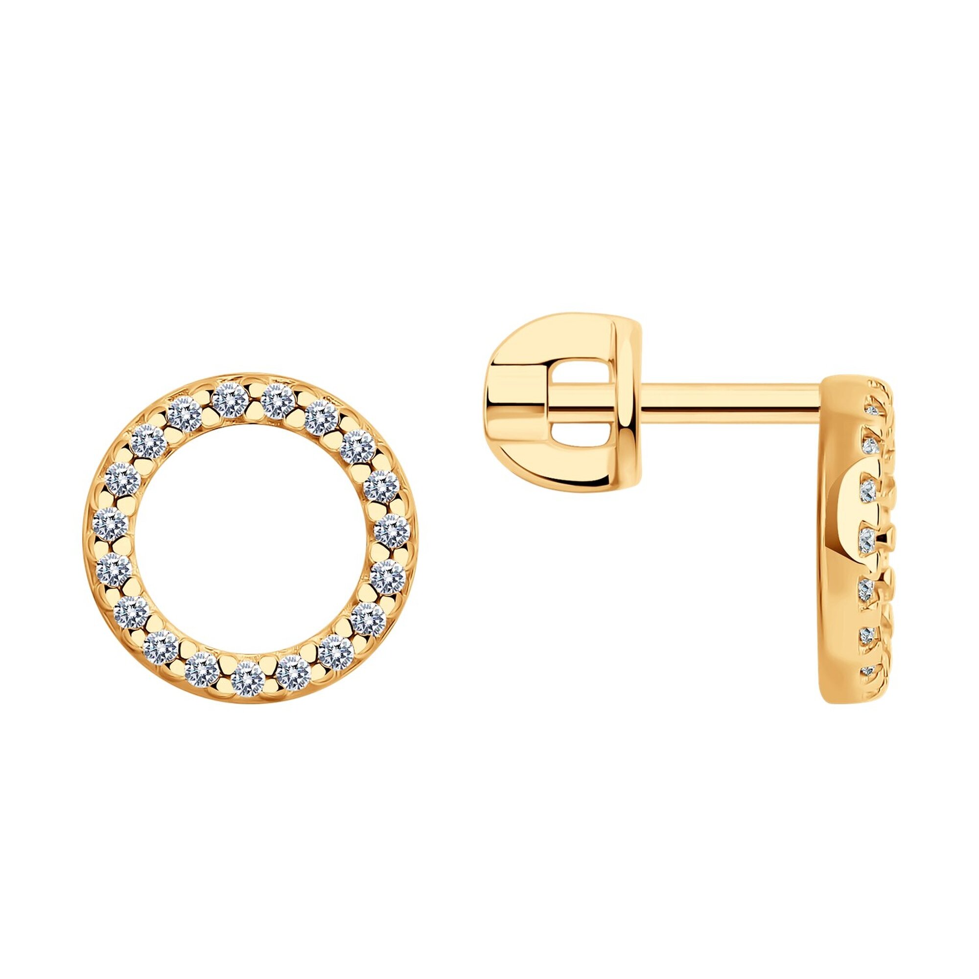 Серьги пусеты, серебро, 925 проба, золочение, фианит