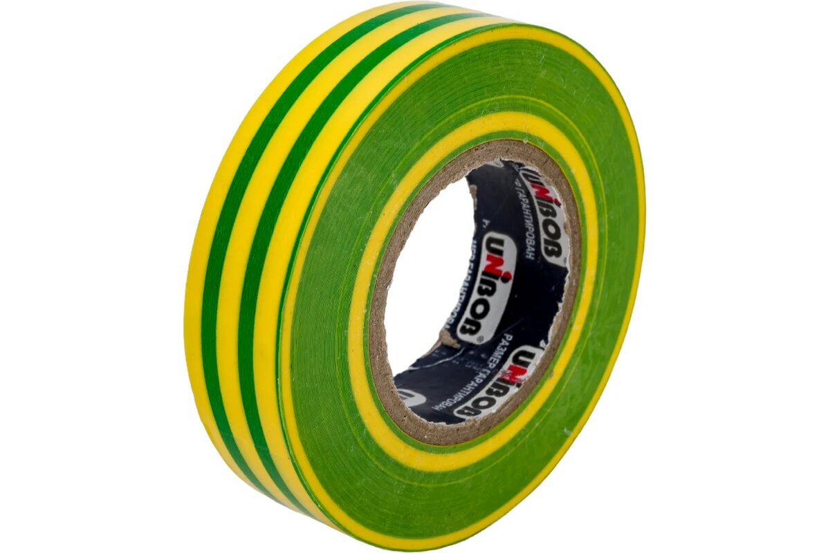UNIBOB Изолента ПВХ 19 мм x 20 м желто-зеленая 211759 самоклеящаяся для монтажа