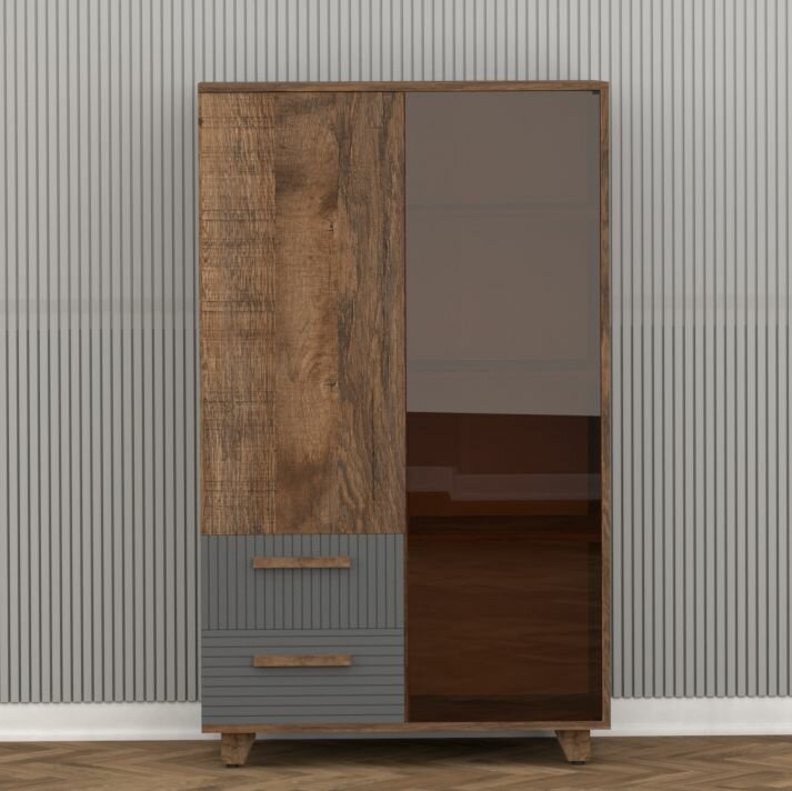 Стеллаж Копенгаген со стеклом ЛДСП Дуб Самдал / МДФ Серый графит (12 стульев)