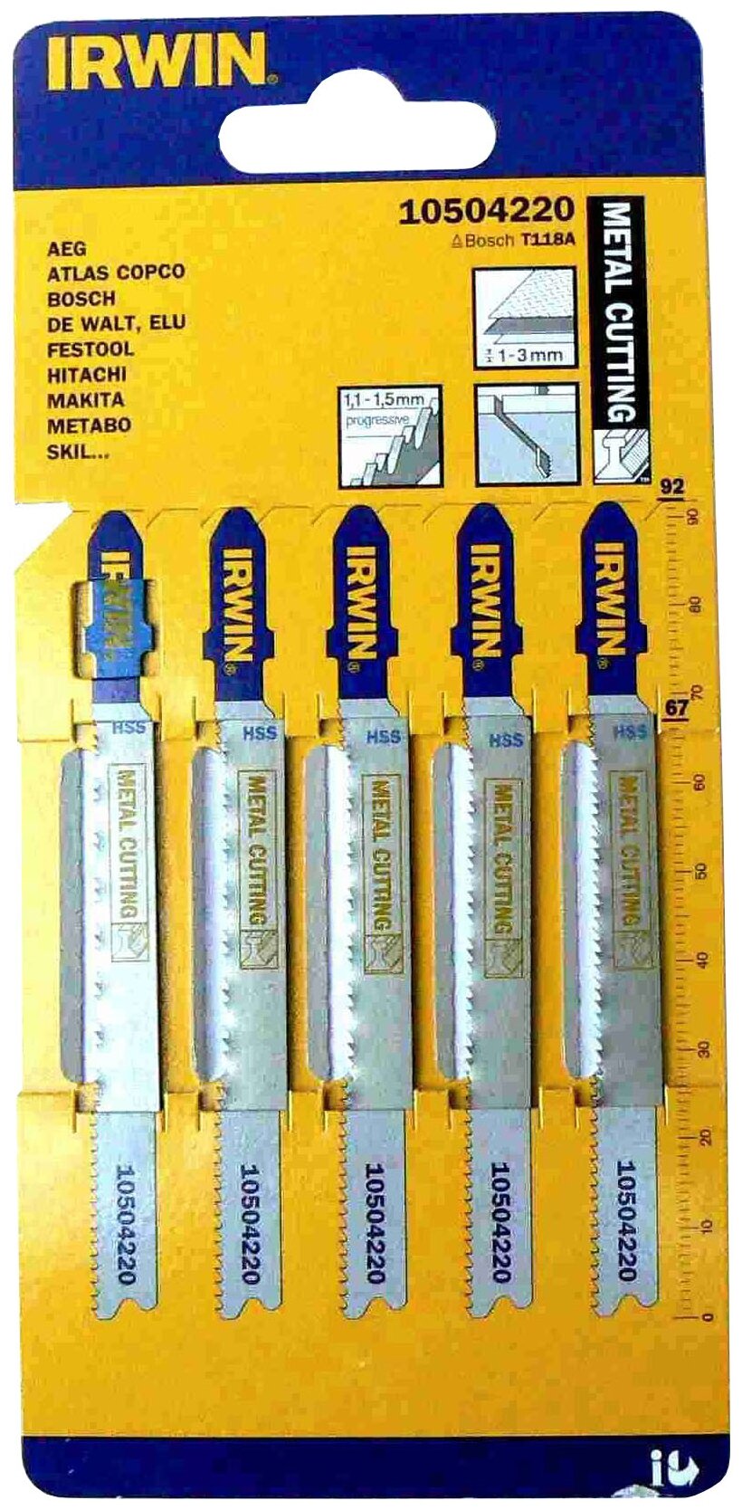 Пилка Irwin по металлу для электролобзика 5 шт. Hss, 92mm/3 3/4" 24TPI (t118a), Irwin 10504220