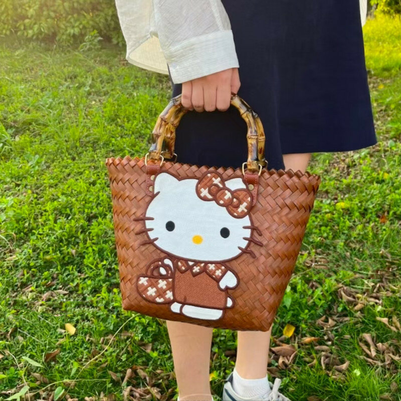 Корзина - Мешок из ротанга для организации и хранения вещей Вышивка Hello Kitty