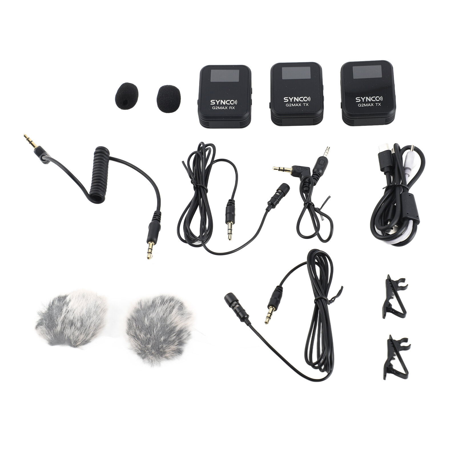 SYNCO G2MAX 1-Trigger-2 2.4G Беспроводная микрофонная система Петличный микрофон Дальность передачи 200 м Встроенная память 8 ГБ TFT-экран для смартфона Камера Видеокамера Видеоблог Прямая трансляция Интервью Видеозапись