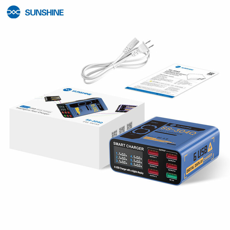 SUNSHINE SS-304Q - 6-port USB-шargery с цифровым дисплеем, быстрый заряд по QC3.0, совместим с многими устройствами