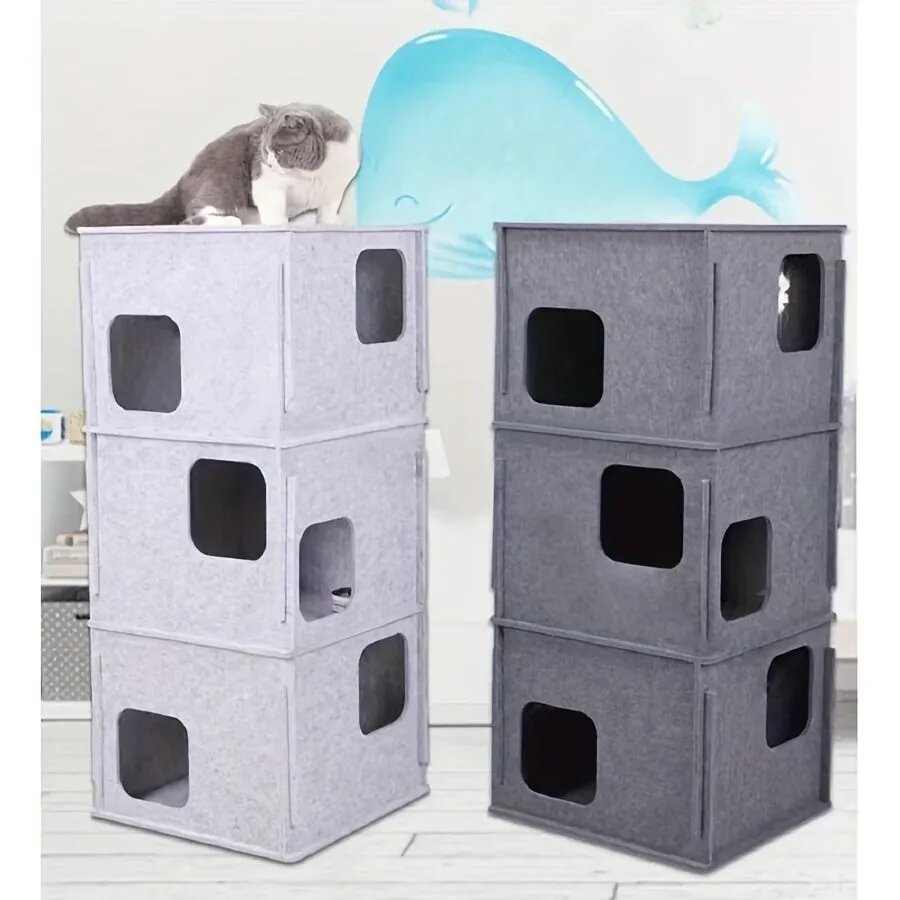 Кошачий домик,3-этажный домик для кошек, войлочный, водонепроницаемый, универсальный для всех сезонов, 43x43x100, светло-серый