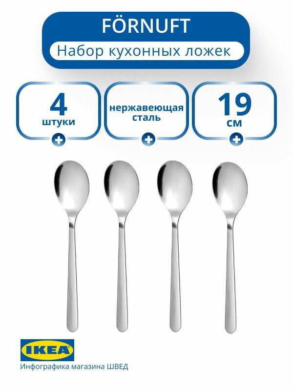Столовая ложка FORNUFT IKEA/ форнуфт икеа, набор из 4 шт, нержавеющая сталь, 19 см