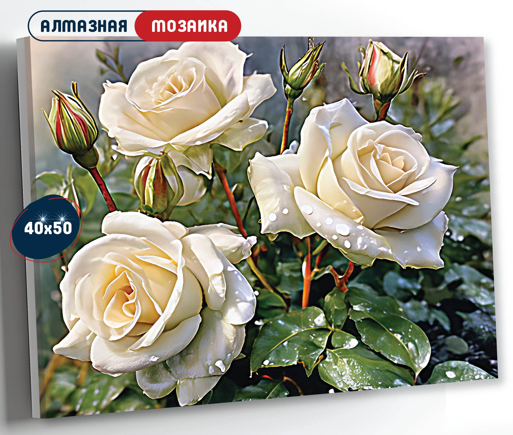 Алмазная мозаика на подрамнике "Белые розы" 40х50 Полная выкладка