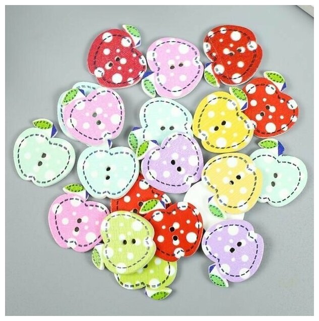 Пуговки Яблоки в горошек - пуговицы декоративные для рукоделия разноцветные деревянные, 2х2 см набор 20 штук