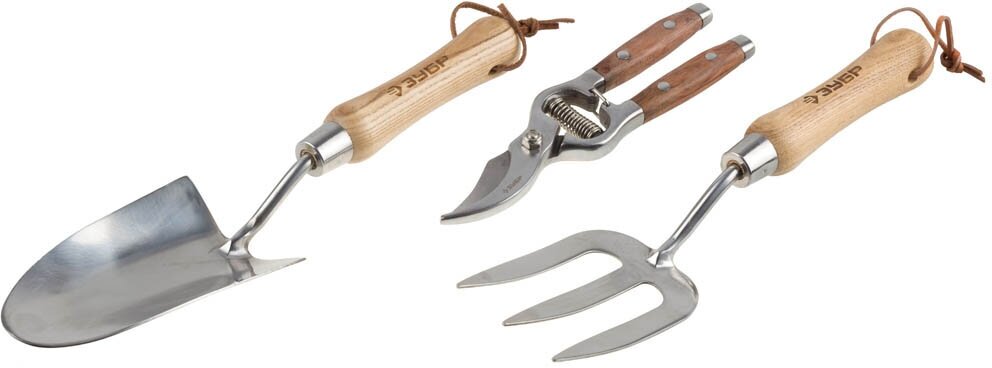 Набор садовый ЗУБР "Эксперт": совок посадочный широкий, вилка посадочная, секатор