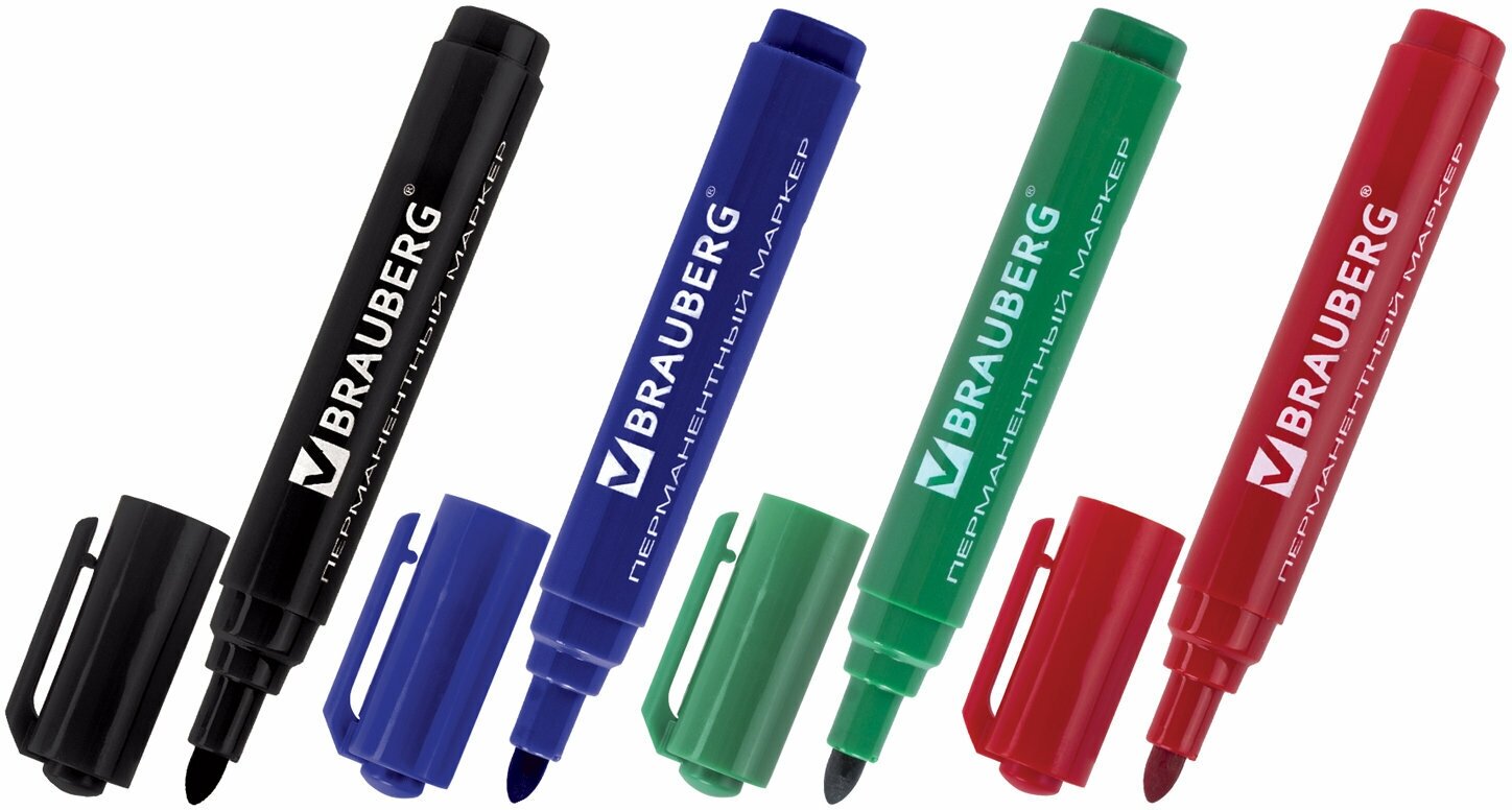 Упаковка 4 шт. Маркеры перманентные BRAUBERG "Classic", набор 4 цвета, круглый наконечник, 3 мм, 150299