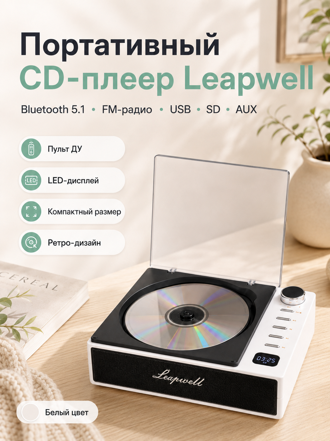 CD-проигрыватель Leapwell портативный с Bluetooth, FM-радио, USB, SD, AUX и пультом ДУ, Кремово-белый