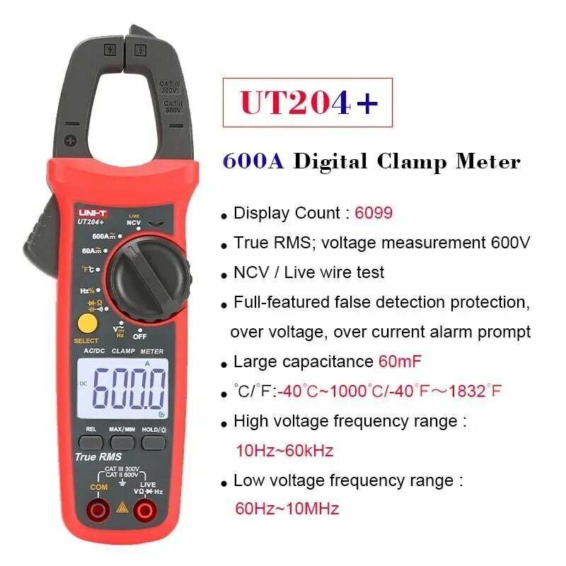 Измерительные клещи UNI-T UT204+ Цифровой тестер Профессиональный вольтметр Плоскогубцы Амперметр Электрический мультитестер