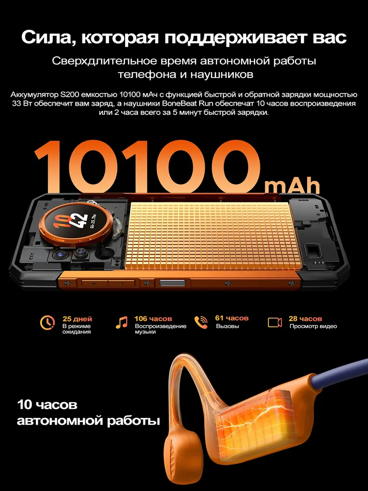 Смартфон DOOGEE S200 VIP 48/256 ГБ, наушники в подарок, Android 16,10100мАч, 100МП,6.72", Dimensity 7050, Темно-серый — фото 1