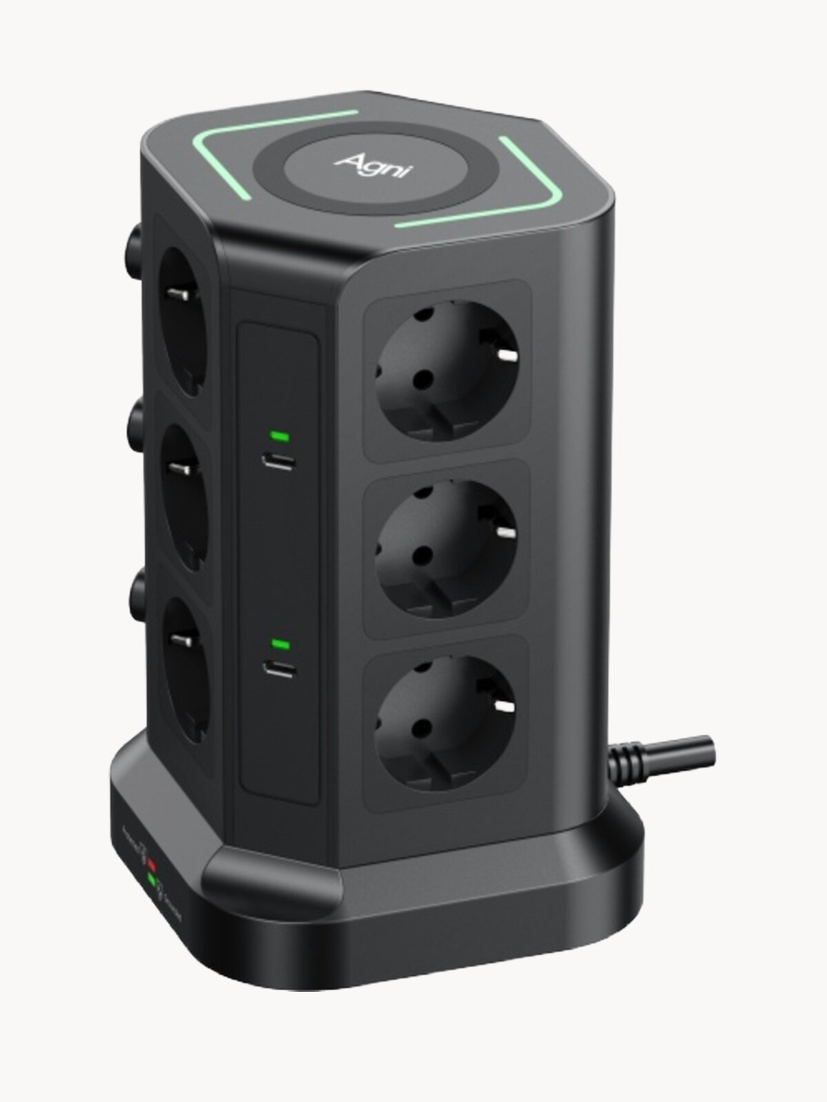 Сетевой фильтр AGNI, башня, 12 розеток, 3 USB, 2 TYPE C, заземление, 4000Вт, быстрая зарядка, 2 м