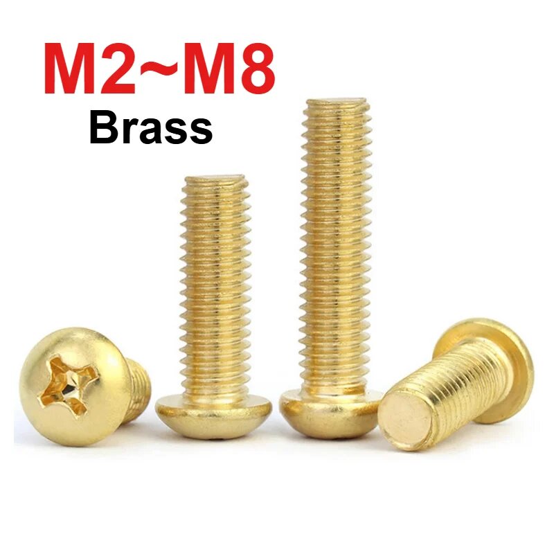 M2 M2.5 M3 M4 M5 M6 M8 Латунные крестообразные винты с крестообразным шлицем и круглой головкой Медная резьбовая головка Болт для электроники Мебель