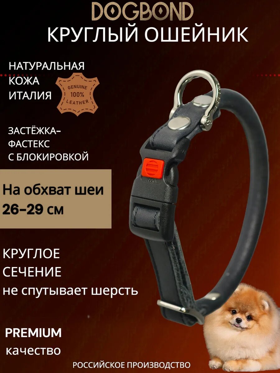 Dogbond Ошейник для шпица круглый кожаный 26-29 см