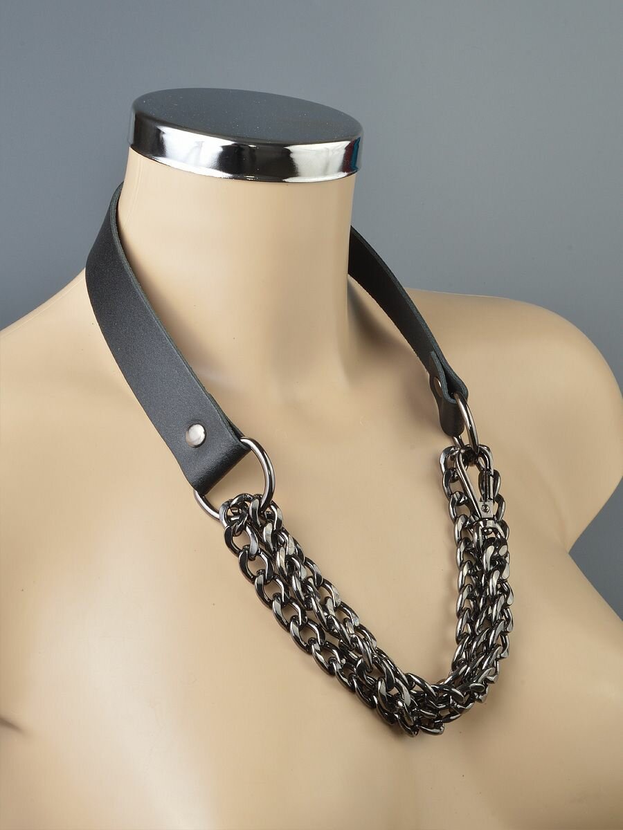 Ошейник с цепями мужской кожаный бдсм