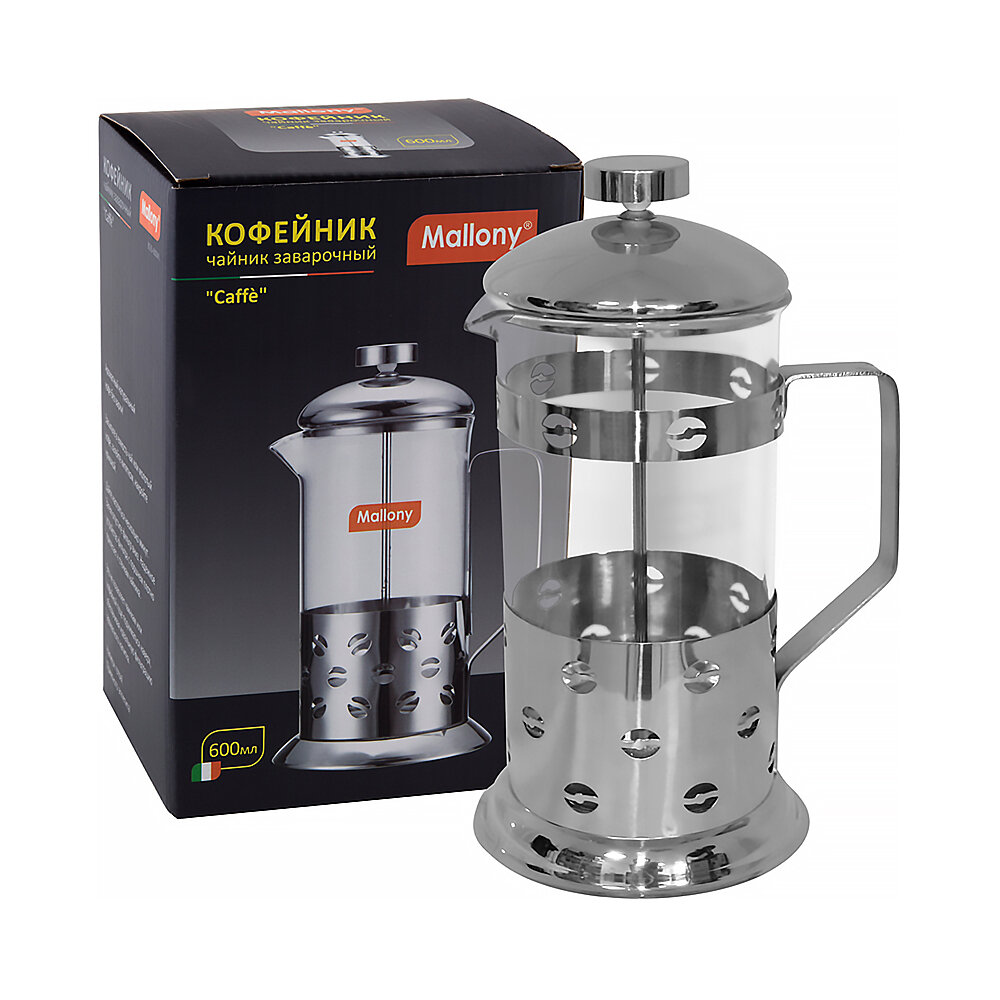 Чайник-кофейник Mallony с прессом, "Caff?", стекло, 600 мл, B535-600ML