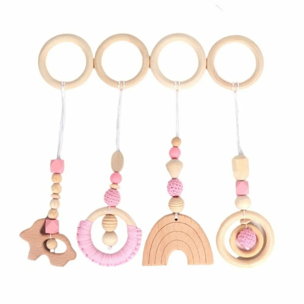 Подвесные игрушки на детский игровой тренажер деревянные, набор 4 шт, грызунки-прорезыватели в скандинавском стиле, развивающие погремушки Монтессори для новорожденных
