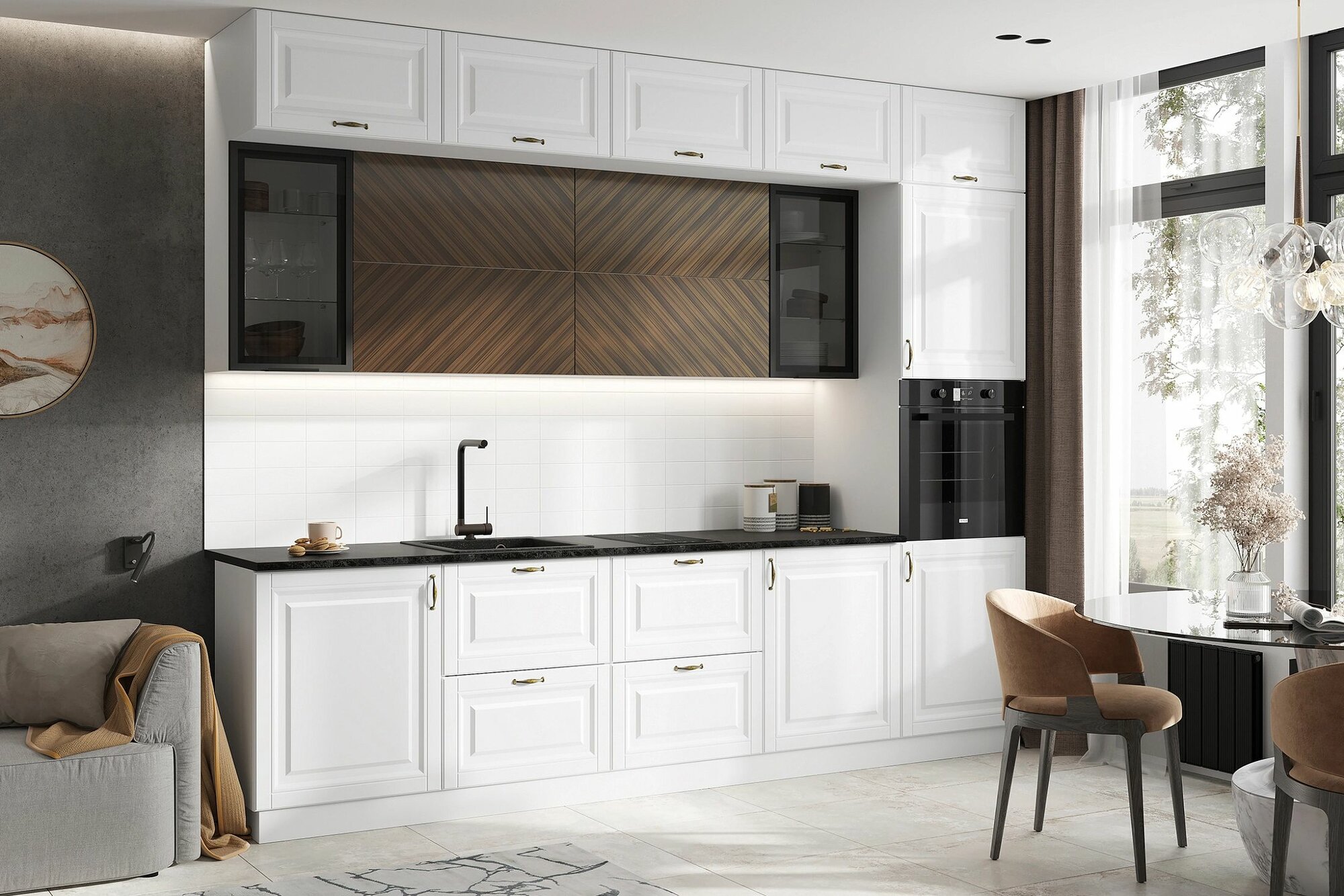 Кухня Престиж 3,0м (490) Компоновка №2 (Браш Вайт/Прайм орех, Белый (Кастилло темный))