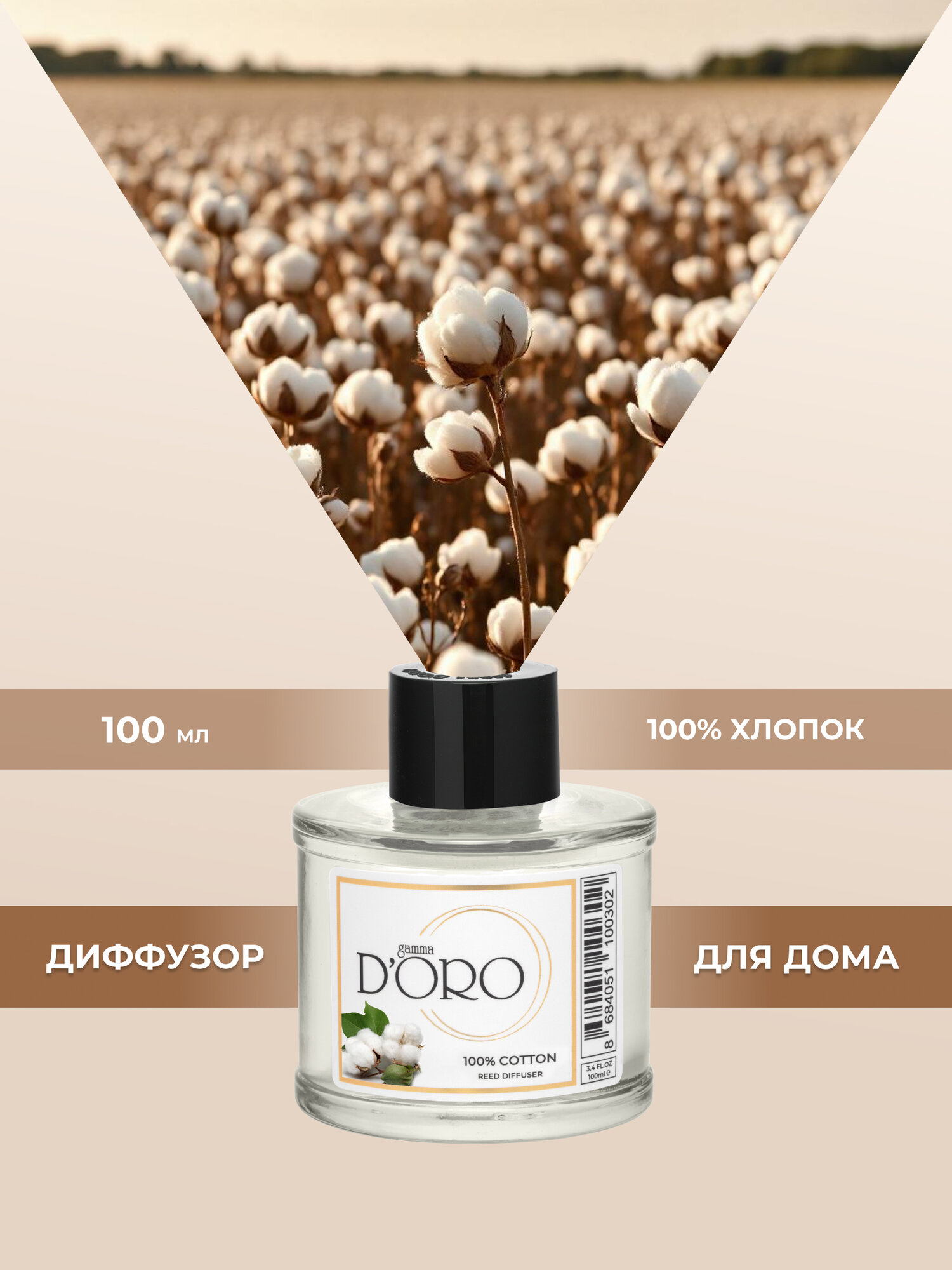 Ароматический диффузор для дома с палочками GAMMA D’ORO 100% Хлопок 100 мл
