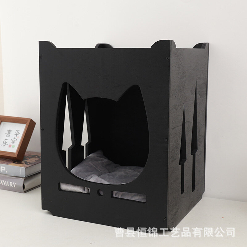 Деревянное кошачье гнездо полузакрытое универсальное для всех сезонов, домик для кошек из массива дерева, квадратный