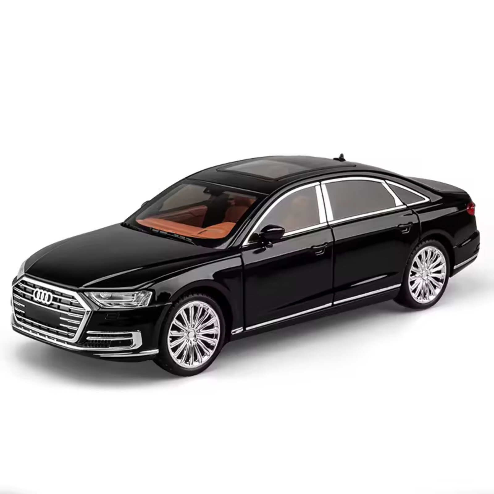 Игрушка автомобиль натяжной с звуком и светом Che Zhi Diecast 1:24 Audi A8, шесть дверей, черный/белый/серый, размер 21.5см*8.5см*6см, упаковка 24.5см*12.8см*9.5см, вес 512г, материал алюминий/пластик/электроника/резинка, для детей 6+ лет