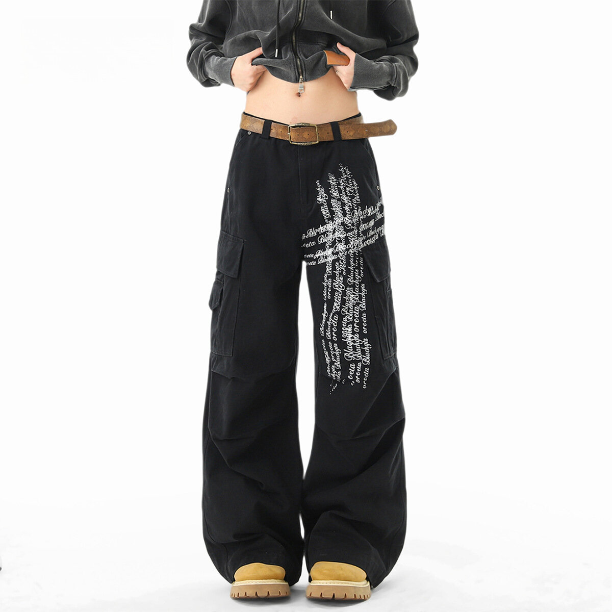 Тренд RONG CH Джинсы Унисекс Карго Брюки Американские Крест Печать Осенние Страненные Многокарманные Непринужденные Деним, Размер_L