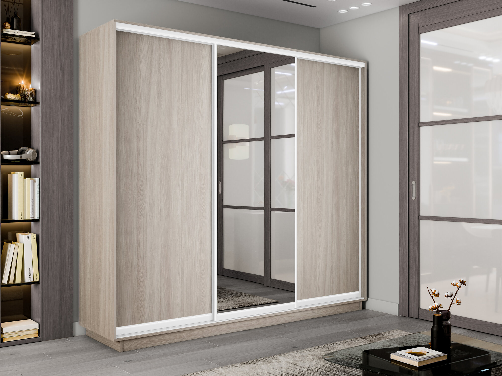 Шкаф купе Вилли 3-х дверный ЛДСП с зеркалом, профиль белый 180 см х 220 см х 60 см (Ясень шимо-светлый)