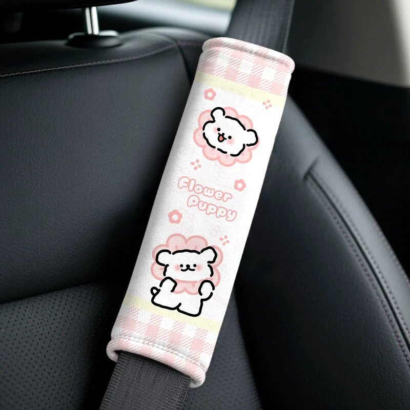 Pink Flower Line White Dog Car Seat Belt Shoulder Guard Single - Cute Animal Design for Cars