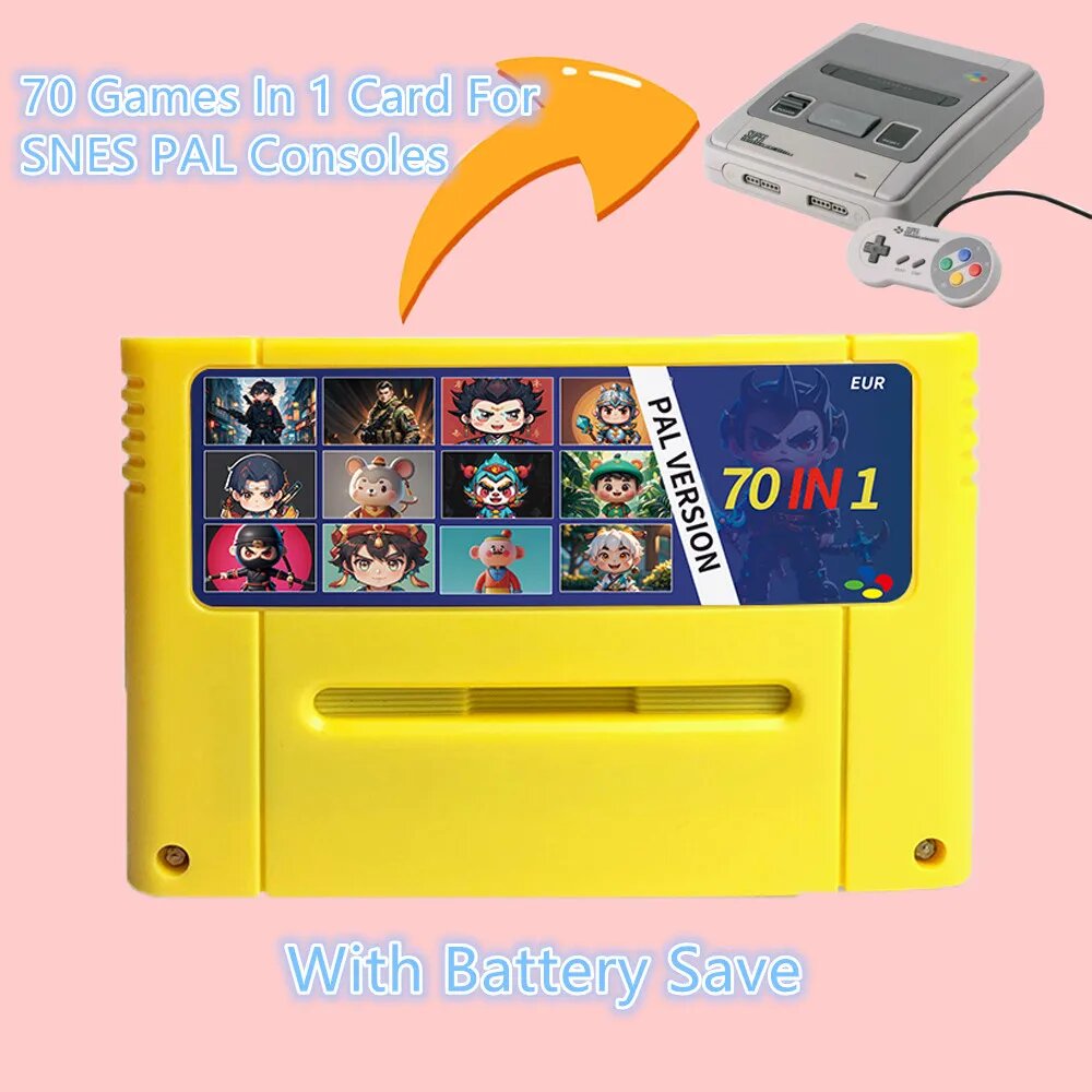 Игровой картридж 70 в 1 с функцией экономии батареи для игровой консоли SNES 16bit PAL EUR
