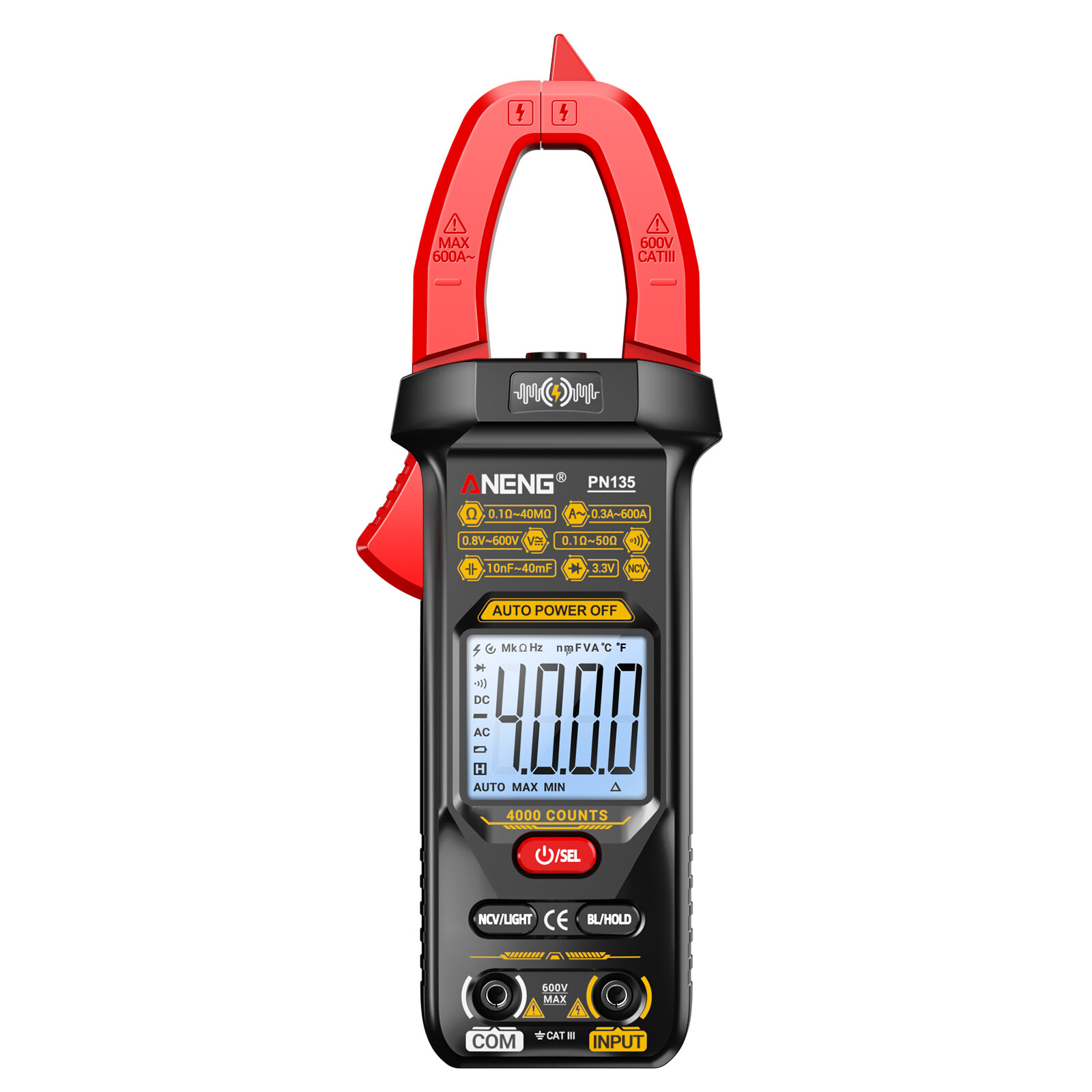 ANENG PN135 Клешневой мультиметр Сетевой/Постоянный Напряжение 600А Сетевой Ток 4000 Разрядов NCV Ёмкость Омметр Инструмент