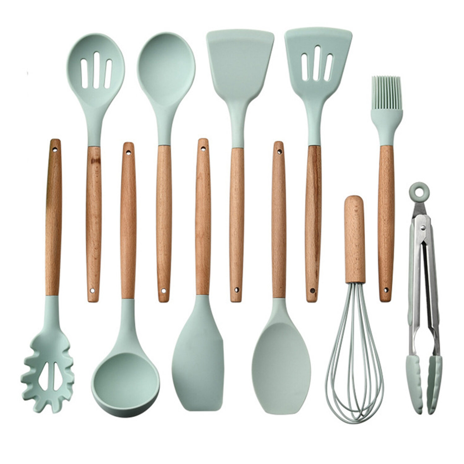 11 ПКН Набор Кухонных Инструментов Силиконовый Набор Кухонной посуды с Деревянной Рукояткой Набор Кухонной посуды Для Повара Безвскриневый Материал Силикон Дерево Цвет Зеленый Применение Кухня Дом Ресторан