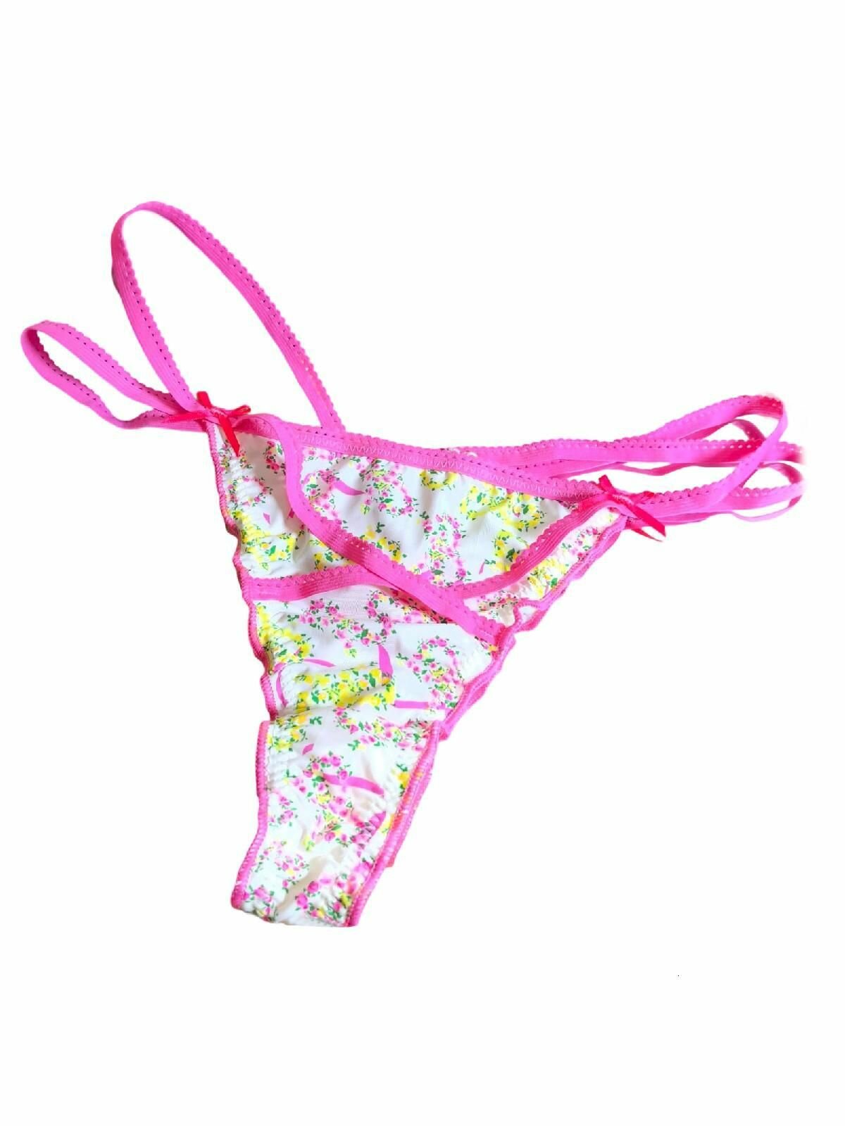 Пара женских трусиков-стрингов из ледяного шелка с цветочным узором и бантом на поясе -розовый цветок