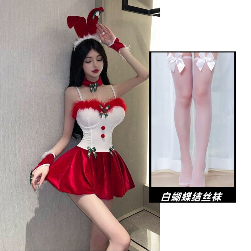 Сексуальный костюм девушки-зайчика на Рождество, не требующий снятия, нижнее белье, униформа для ролевых игр, соблазнительный костюм на Хэллоуин для женщин. Зайчик + белые чулки с бантом.
