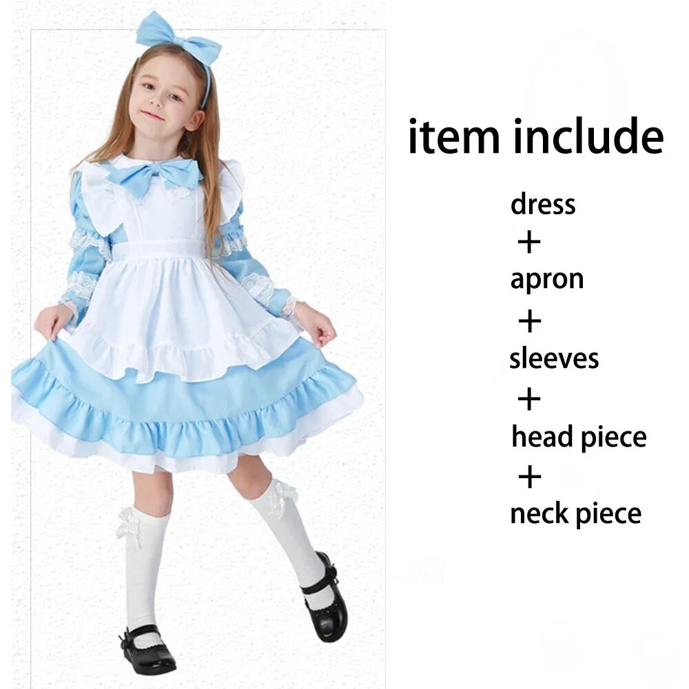 Косплей платье Алиса в Стране Чудес для девочки S 90-100 CM, Синий, Blue