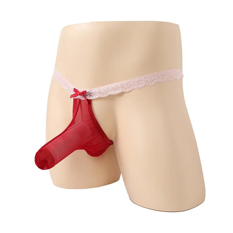 Нижнее белье с бантом, мужские сексуальные трусики с носом слона, сетчатые прозрачные стринги с Т-образной спинкой, стринги, эластичное длинное нижнее белье-футляр для пениса Розовый, L, Burgundy White