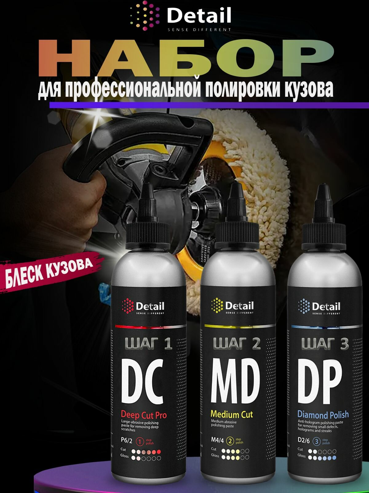 Набор пасты для профессиональной полировки кузова Detail 250 мл