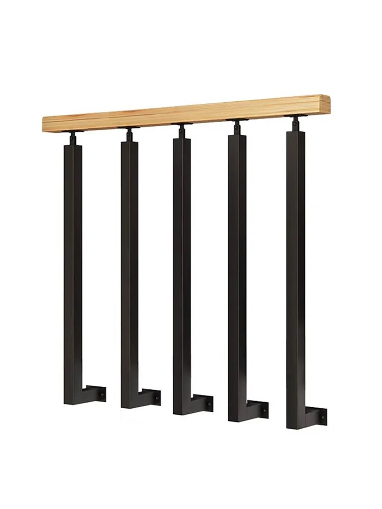 Перила для лестниц, черное кованое ограждение, 5 металлических стоек + 1 деревянный поручень, боковое крепление, полный комплект